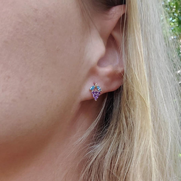 Amethyst and Blue Topaz Grape Earrings in 14k Yellow Gold - Screwback Posts